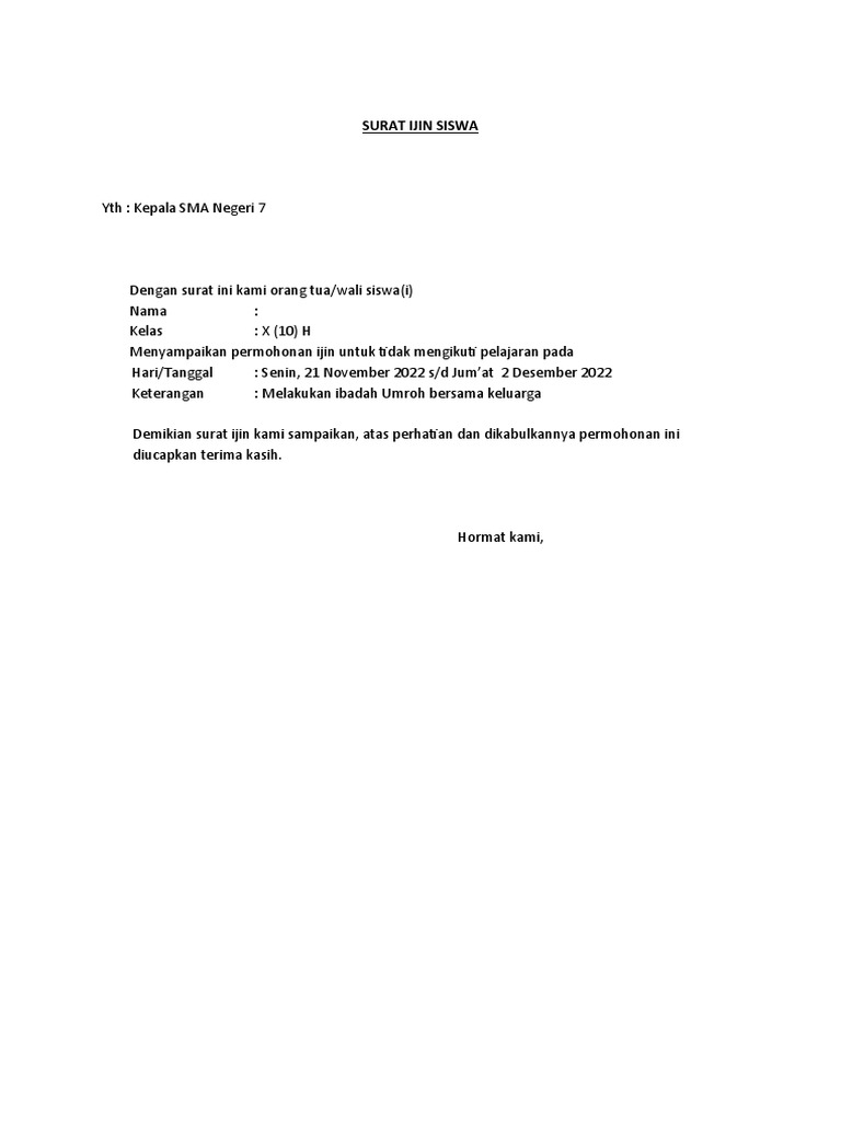 Form Surat Ijin Siswa 4 | PDF