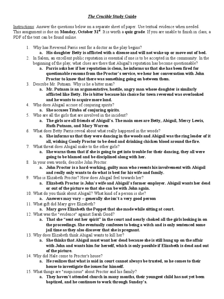 The Crucible Study Guide ANSWERS | PDF