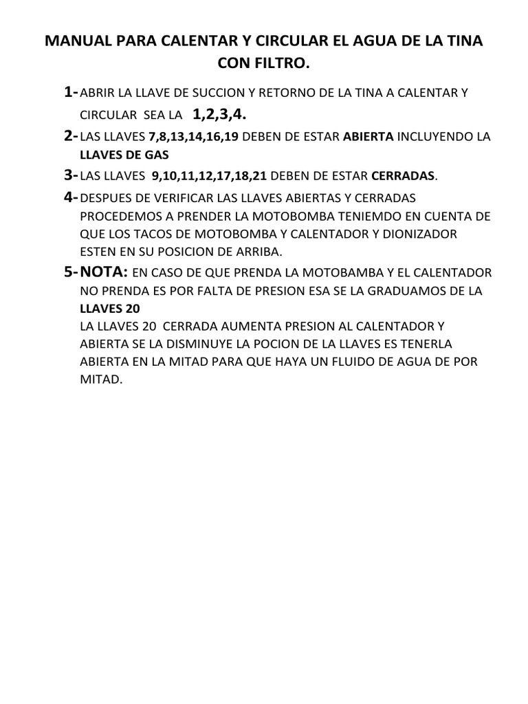 Manual para Calentar y Circular El Agua de La Tina Con Filtro | PDF