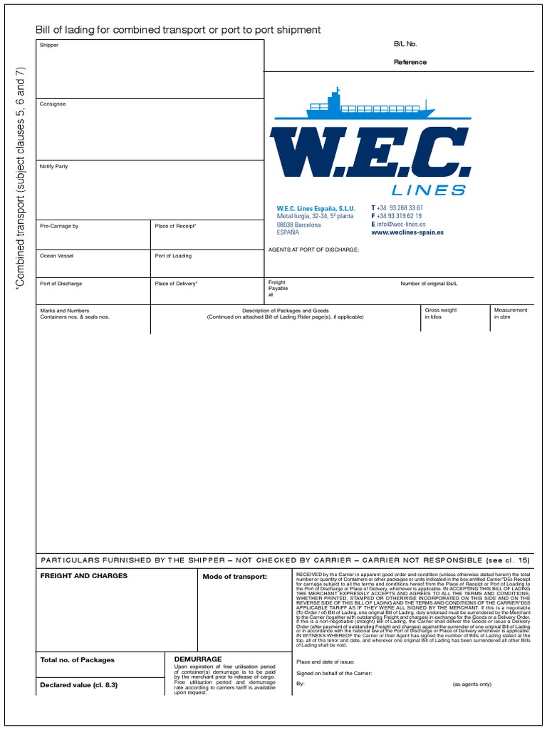 Bill of Lading For Combined Transport or Port To Port Shipment ...