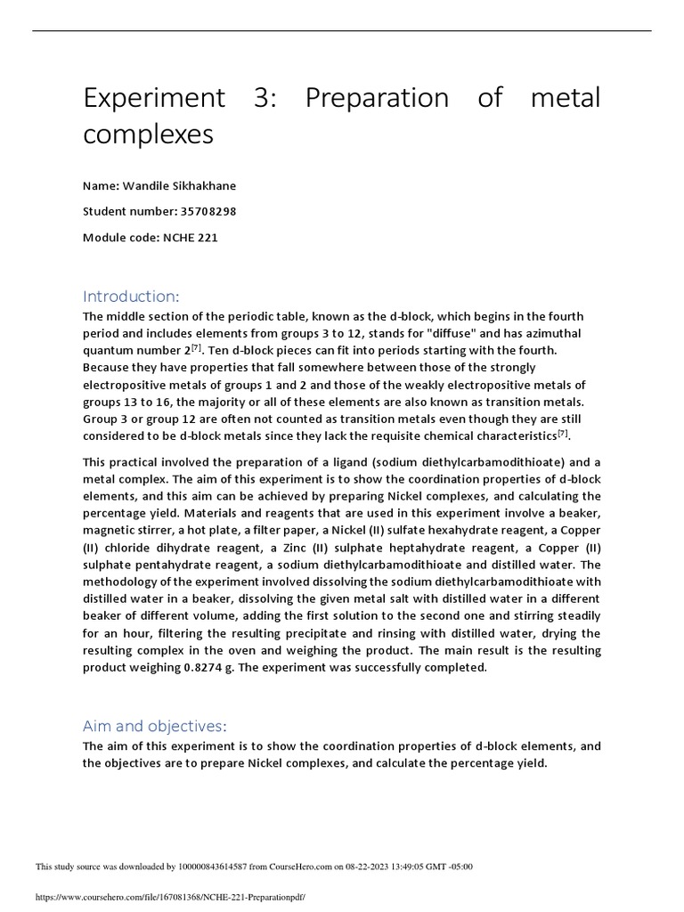 NCHE 221: Metal Complex Preparation | PDF | Teaching Methods ...