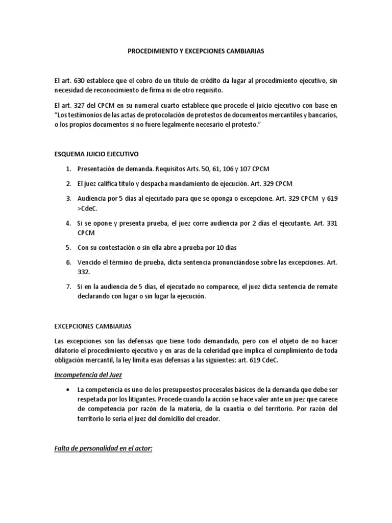 Procedimiento y Excepciones Cambiarias | PDF | Pagos | Pagaré
