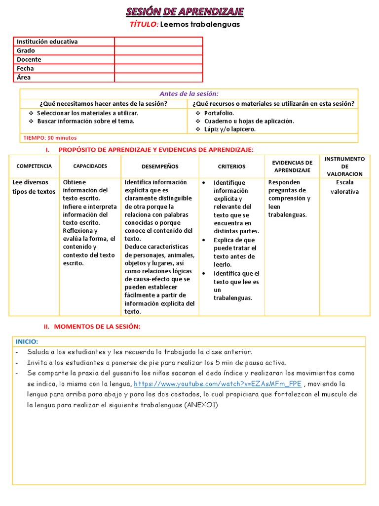 Sesión de Aprendizaje Leemos Trabalenguas | PDF | Aprendizaje | Ciencia cognitiva