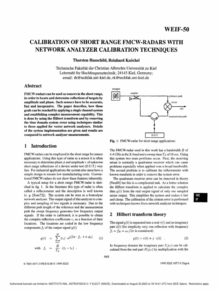 Calibration of Short Range FMCW-radars With Network Analyzer Calibration Techniques | PDF