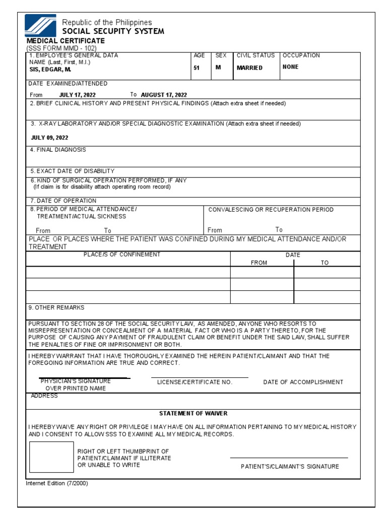 SSS Medical Certificate Form MMD-102 | PDF | Social Science | Science ...