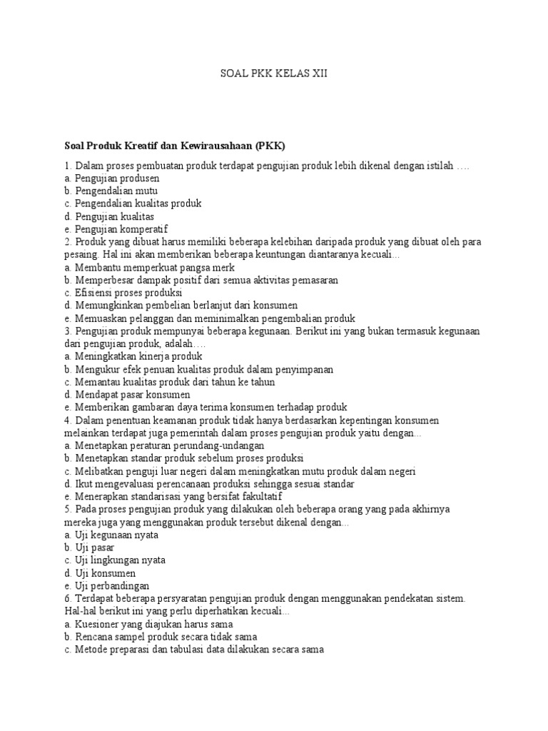 Soal PKK Kelas Xii 2020 Sem 6 | PDF