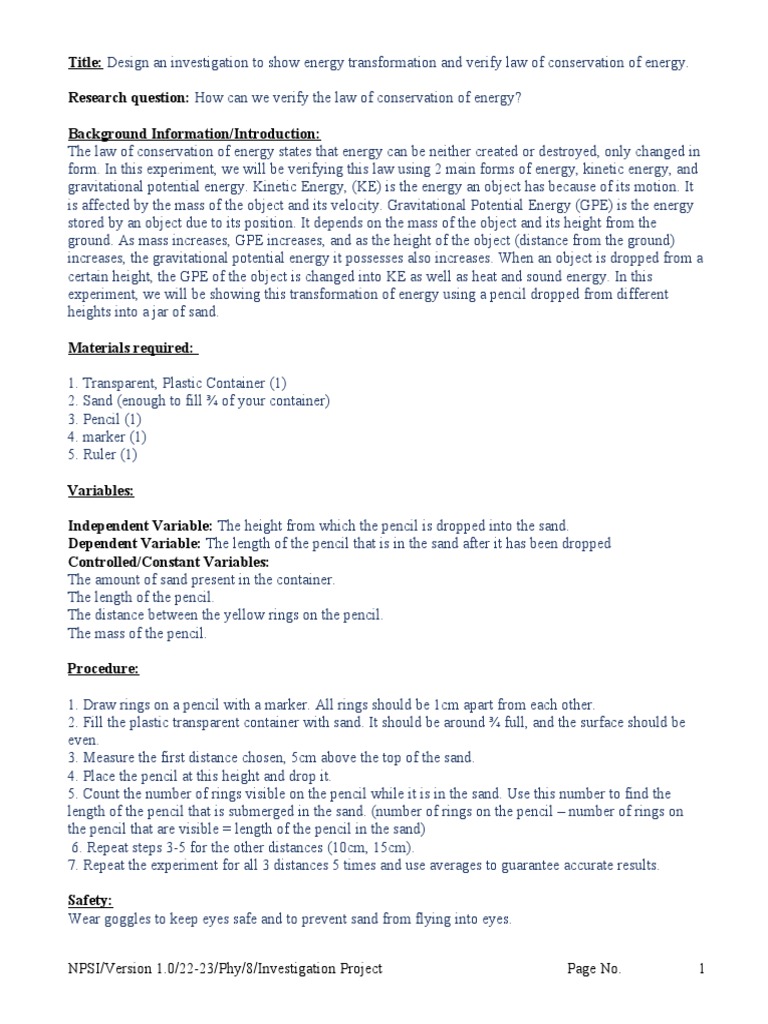Energy Transformation Experiment Guide | PDF | Potential Energy | Mass