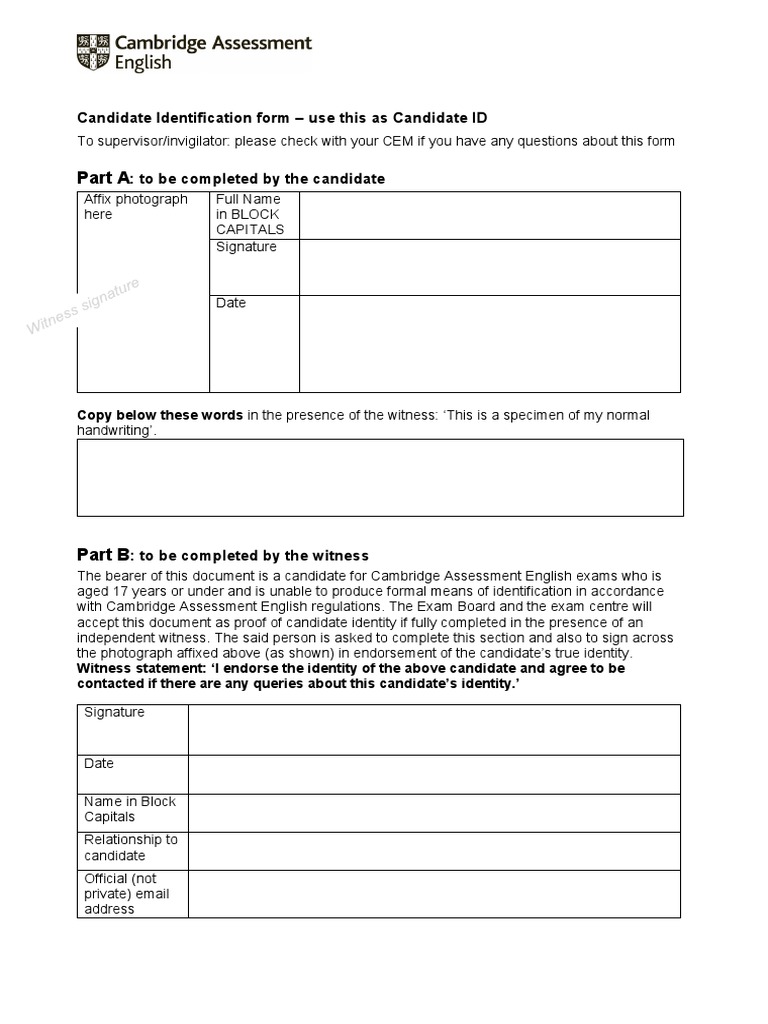 Part A: Candidate Identification Form - Use This As Candidate ID: To Be ...