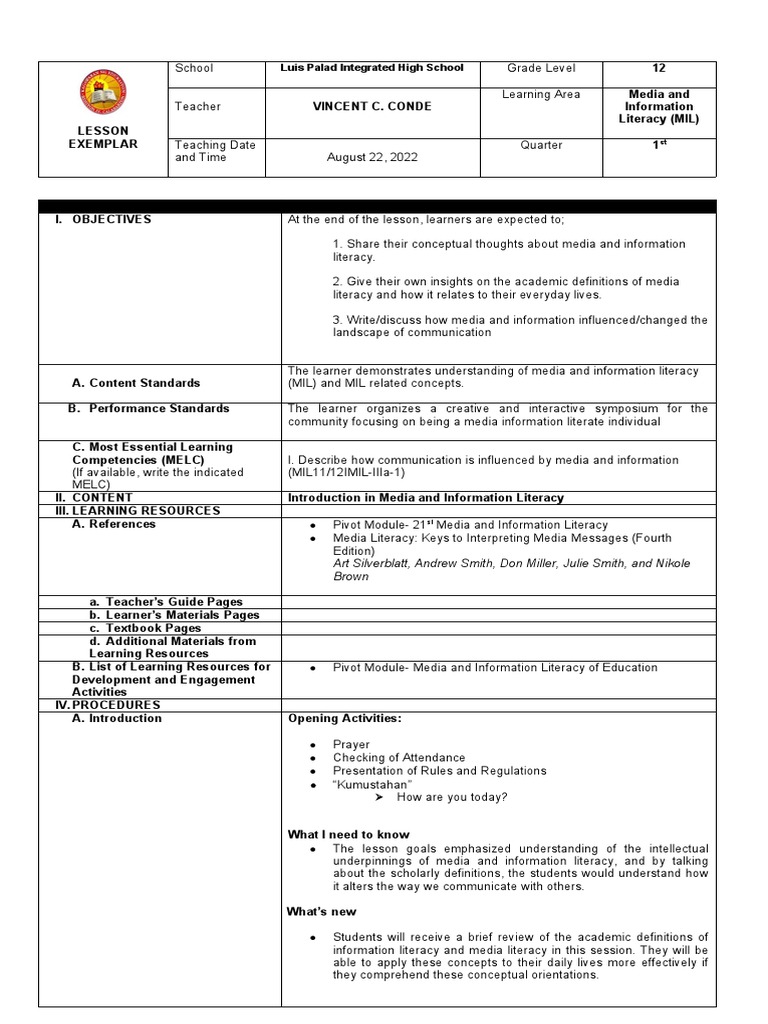 Grade 12 Media Literacy Lesson Plan | PDF | Mass Media | Literacy