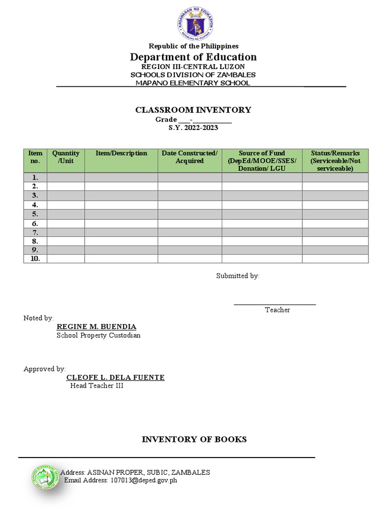 Classroom Inventory Template 2022 2023 | PDF | Government | Social ...