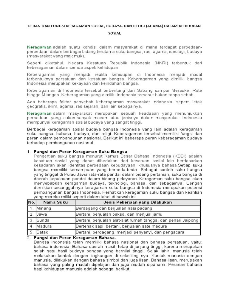 Peran Dan Fungsi Keragaman Sosial, Budaya Dan Religi Dalam Kehidupan Sosial | PDF