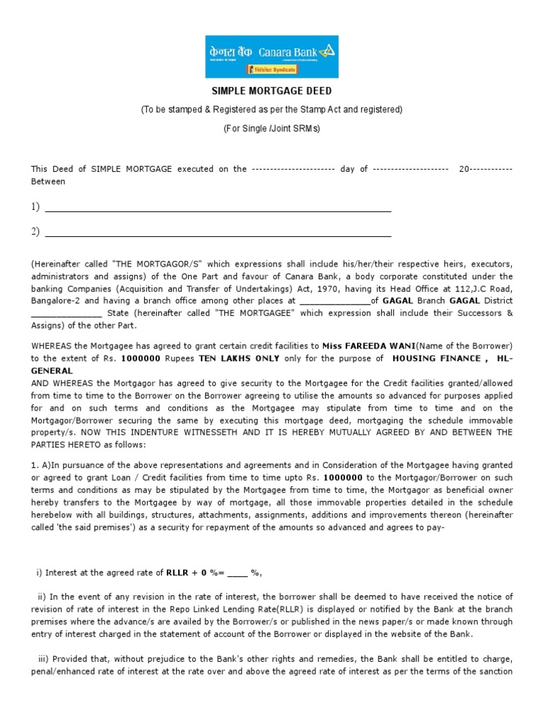 Simple Mortgage Deed (NRM) | PDF