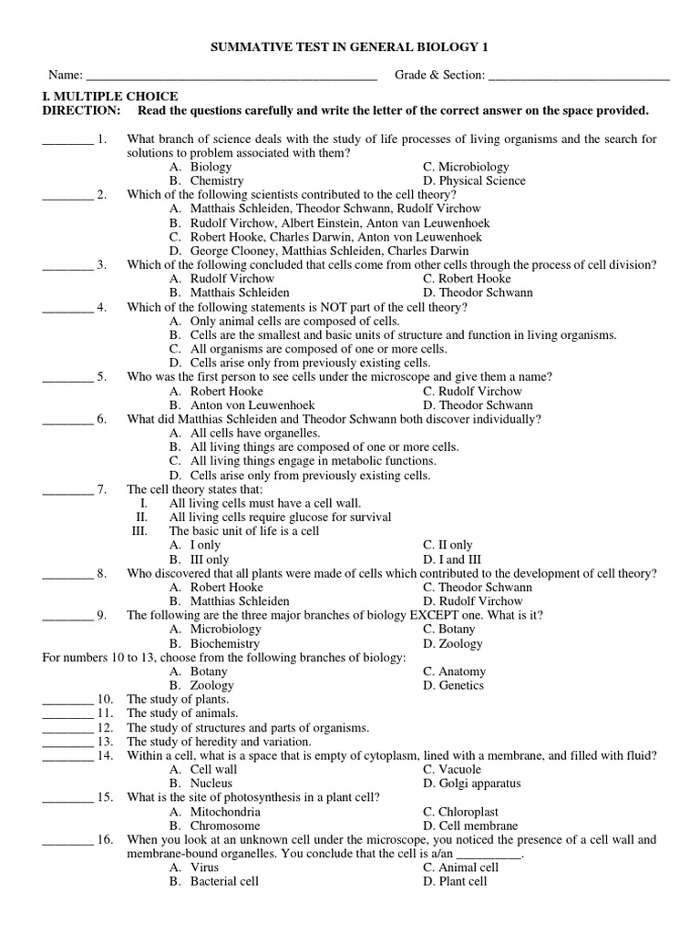 General Biology 1 Summative Test | PDF | Cell (Biology) | Prokaryote