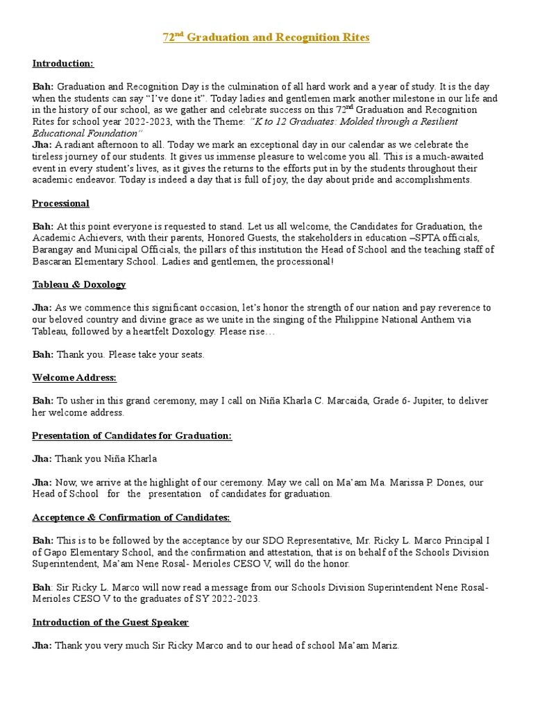 Graduation and Recognition Rites Script | PDF | Dances