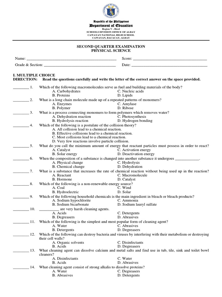 Physical Science 2nd Quarter Examination | PDF