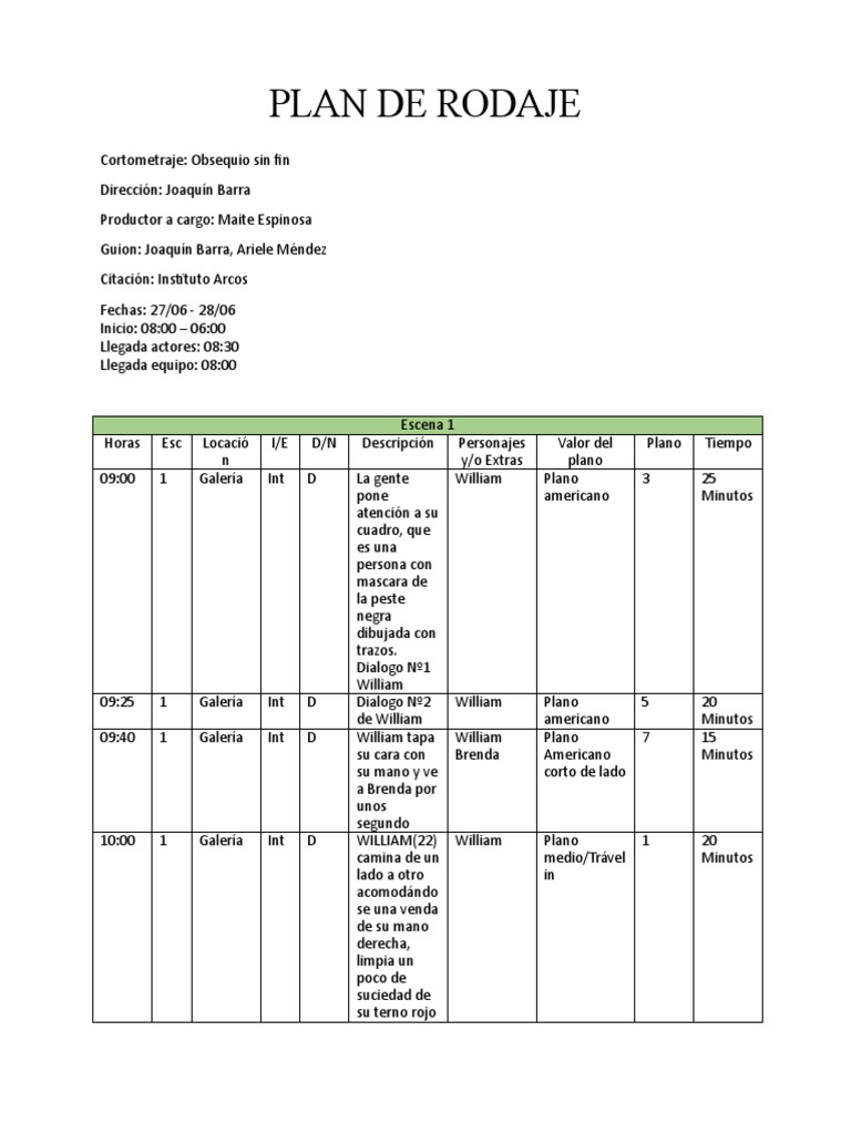 Plan de Rodaje Obsequio Sin Fin | PDF