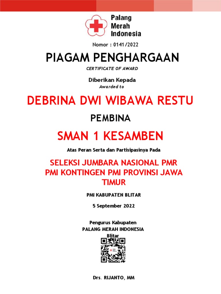 Piagam Penghargaan Jumbara PMR 2022 | PDF