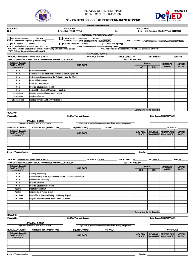 Form 137-SHS 2016. | PDF | Middle Schools