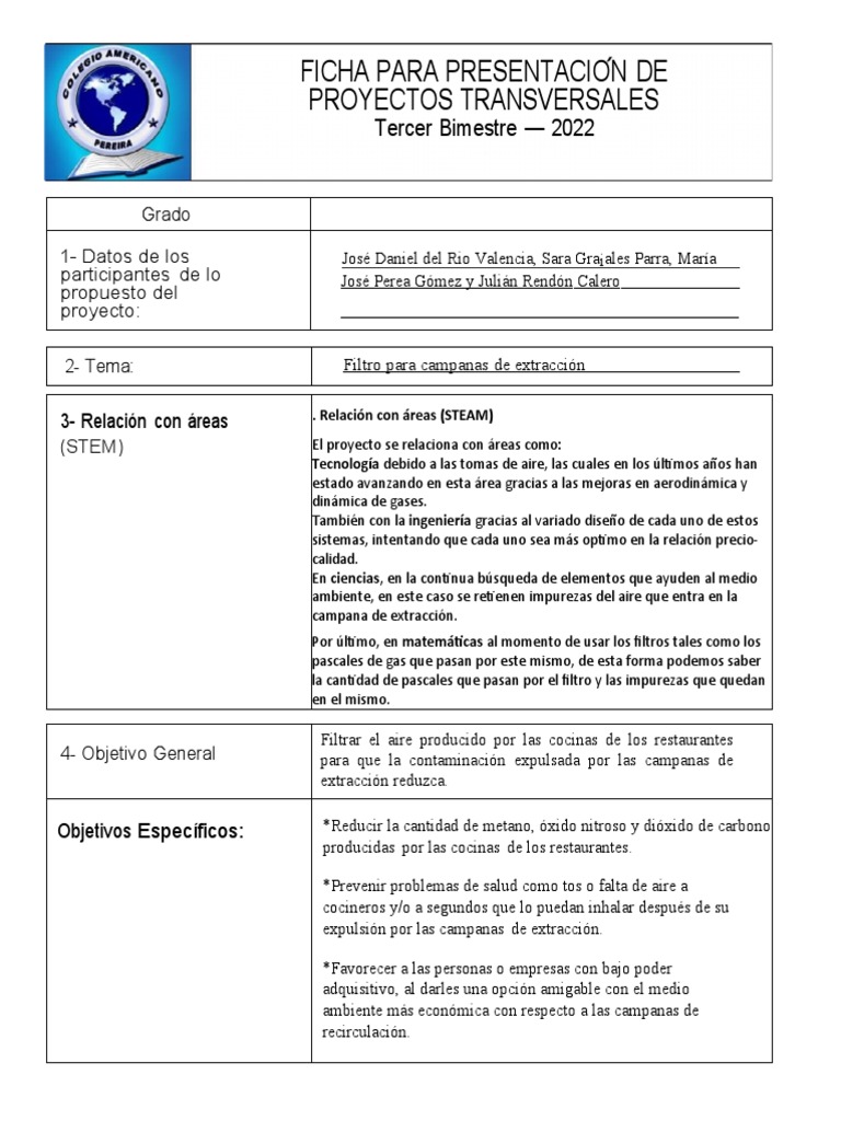 FICHA PARA PRESENTACION DE PROYECTOS TRANSVERSAles | PDF