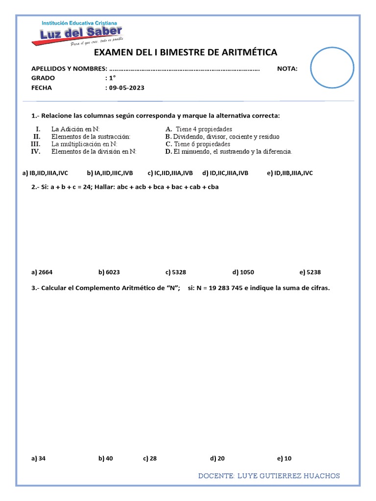 1°. Aritmética - Exam-I Bimestre | PDF