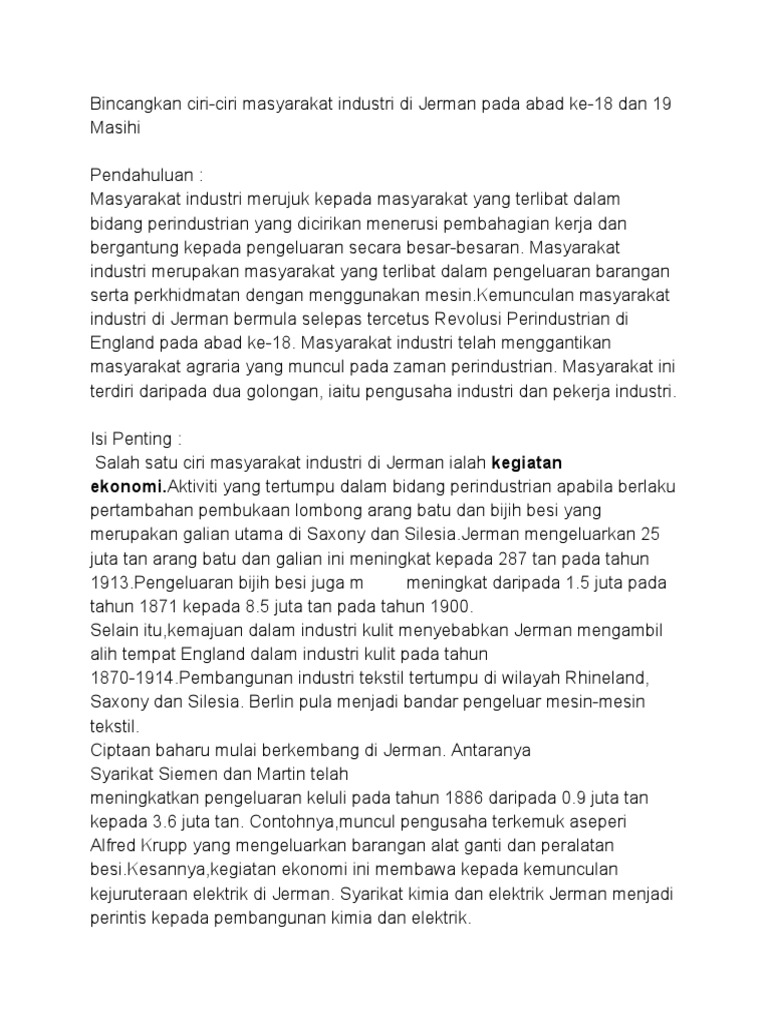 Ciri-Ciri Masyarakat Industri Di Jerman Pada Abad Ke-18 Dan 19 Masihi | PDF