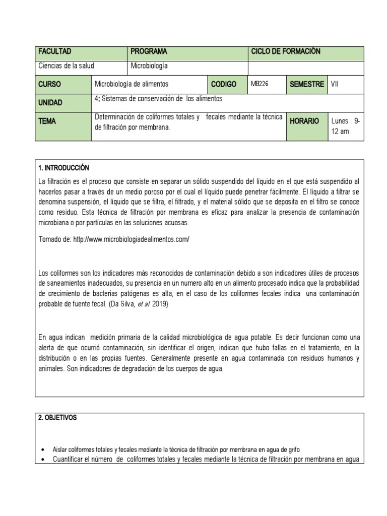 Determinación de Coliformes en Alimentos | PDF | Agua | Filtración