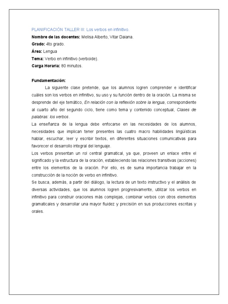 Planificación Verbos Taller Iii 1 Pdf Verbo Oración Lingüística