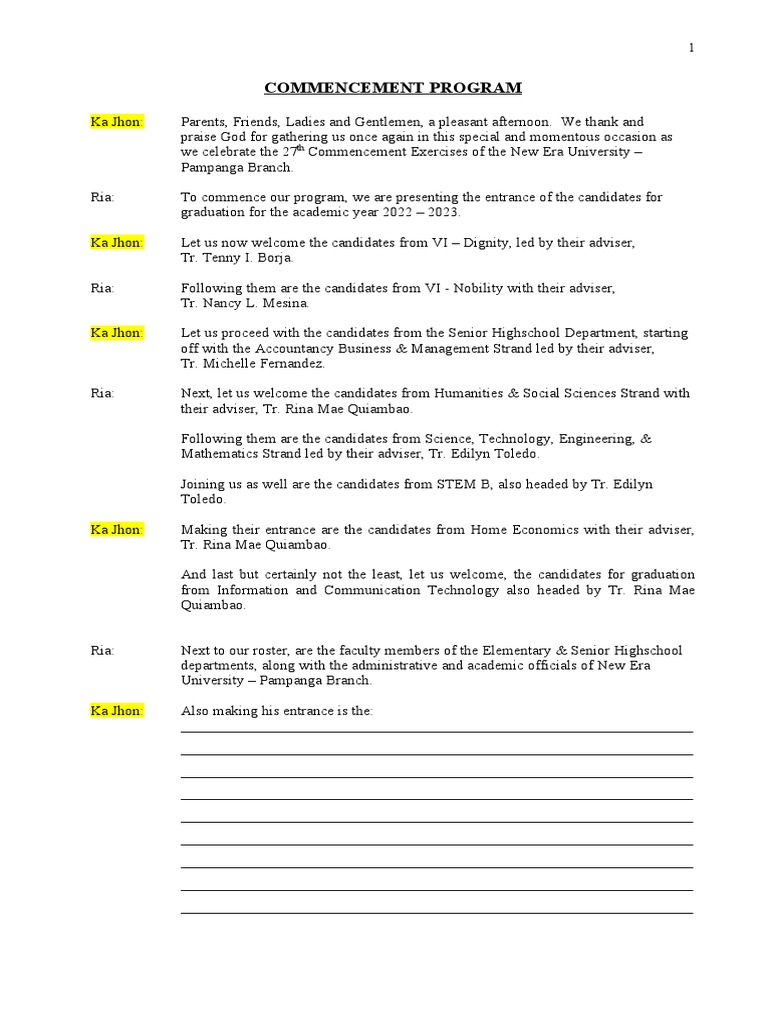 Script For The Commencement Exercises Edited | PDF