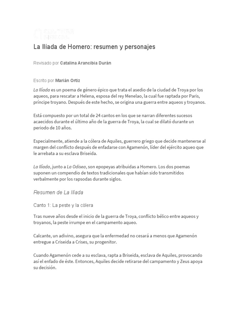 La Ilíada Resumen | PDF | Héctor | Ilíada