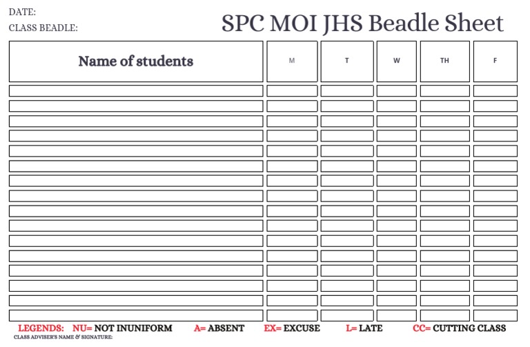 Class Beadle Attendance Sheet | PDF