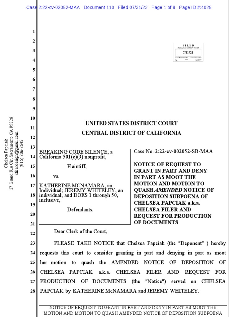 Notice of Request To Grant in Part and Deny in Part As Moot The Motion ...