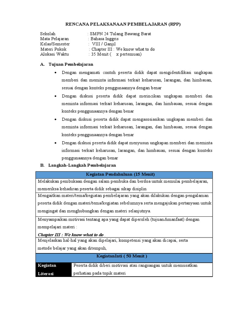 3 RPP B.Ing Kel. 8 Sem .1 | PDF | Pengembangan Diri