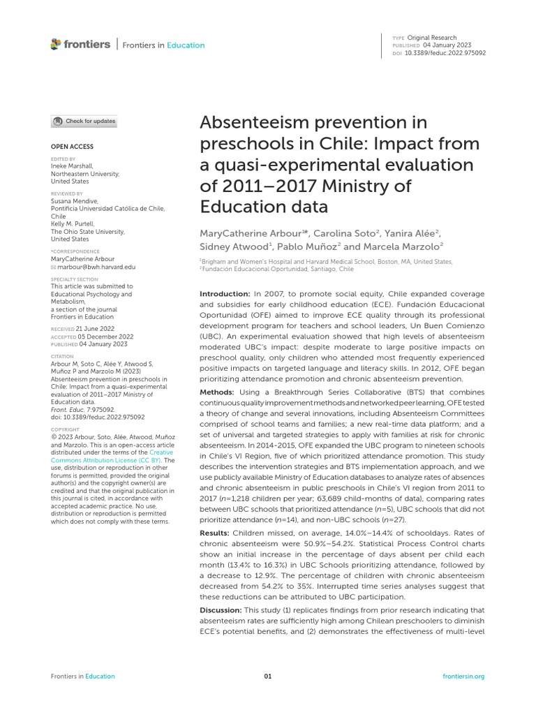 Absenteeism Prevention in Preschools in Chile Impact From A Quasi ...