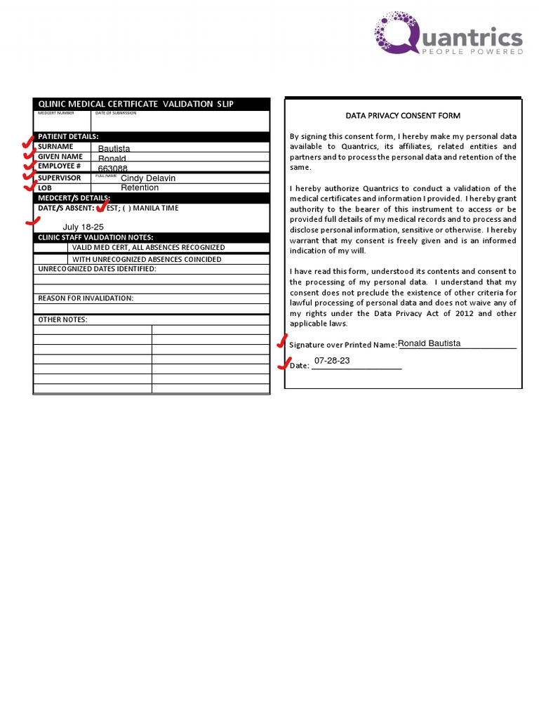 Med Cert and Consent Validation Form | PDF