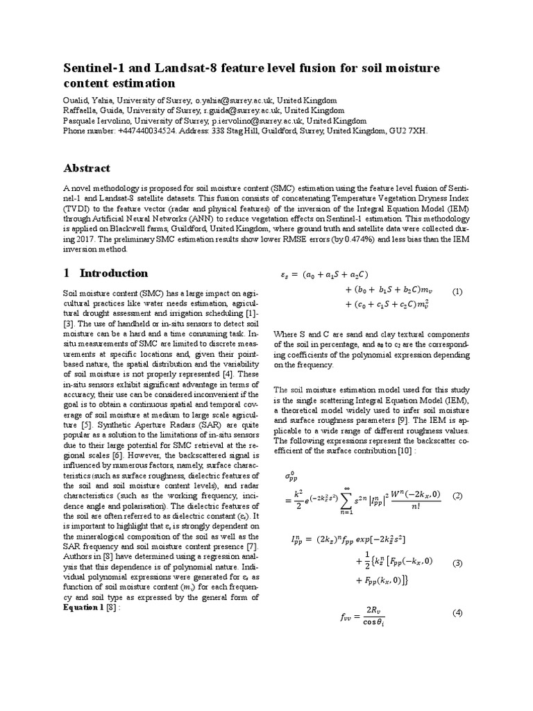 Sentinel-1 and Landsat-8 Feature Level Fusion For Soil Moisture Content Estimation | PDF