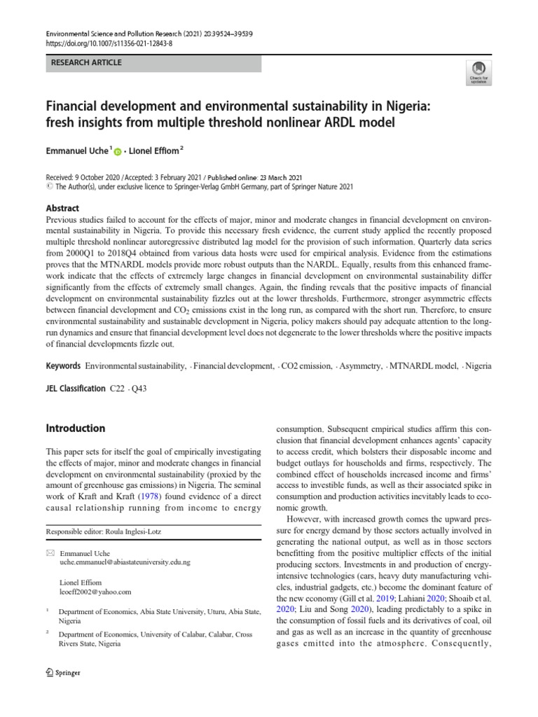 Financial Development And Environmental Sustainability In Nigeria Fresh Insights From Multiple