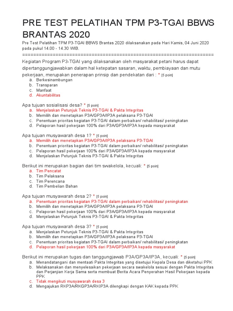 Pre Test Pelatihan TPM P3-TGAI 2020 | PDF | Komputer | Teknologi & Rekayasa