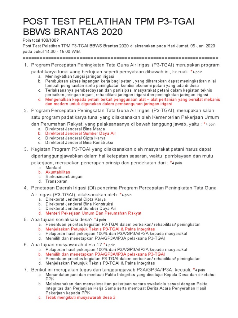 Post Test Pelatihan P3-TGAI 2020 | PDF