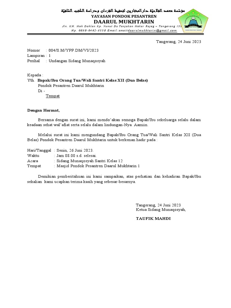 Undangan Sidang Munaqosyah Ponpes DM | PDF