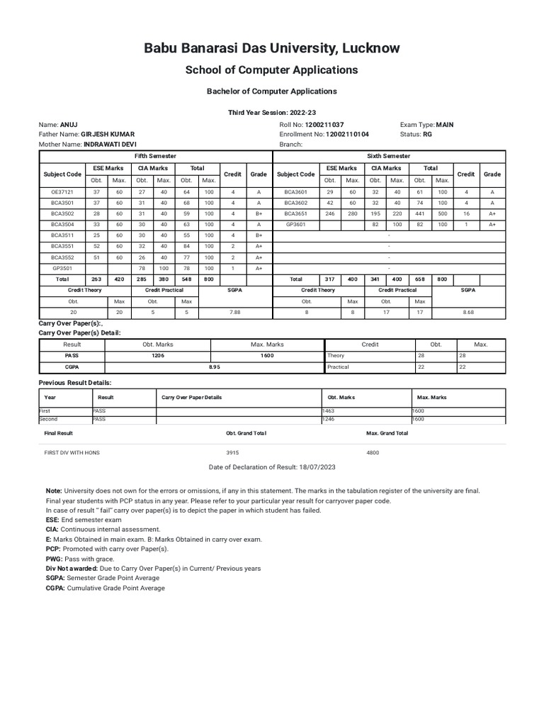 Bca 3rd Year Marksheet | PDF | Student Assessment And Evaluation | Academia