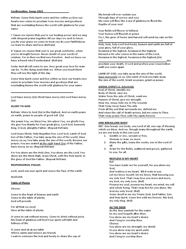Confirmation Songs 2022 | PDF | Glory (Religion) | Fruit Of The Holy Spirit