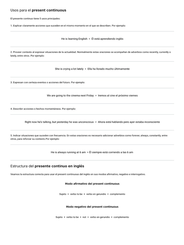 Present Continuous - Ejemplos y Estructura en Inglés | PDF | Verbo ...
