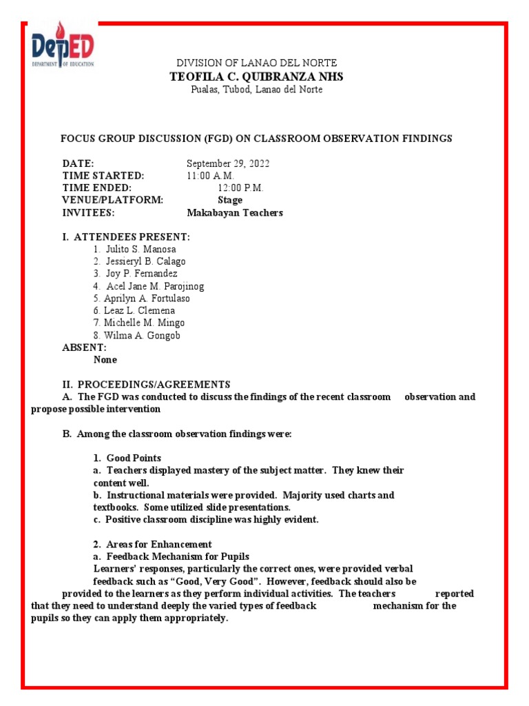 Sample FGD Minutes | PDF | Learning | Teachers
