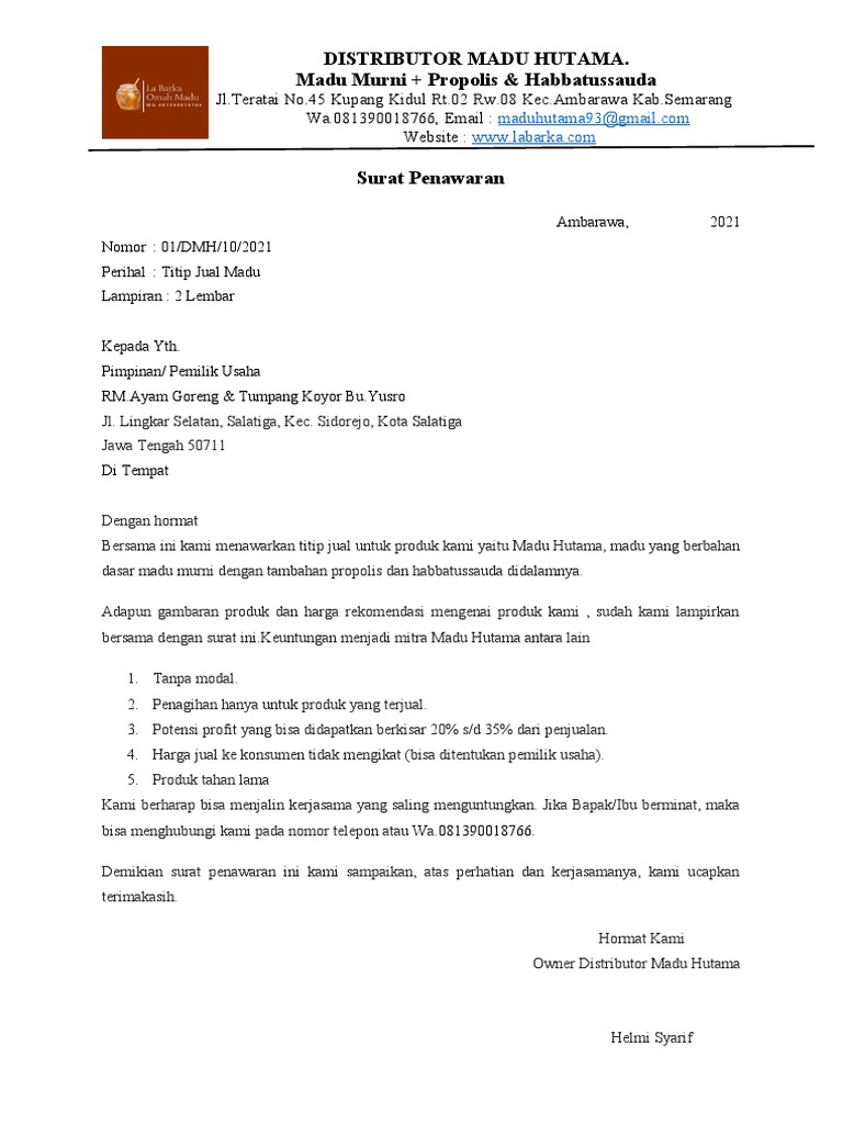 Penawaran Titip Jual Madu Hutama | PDF