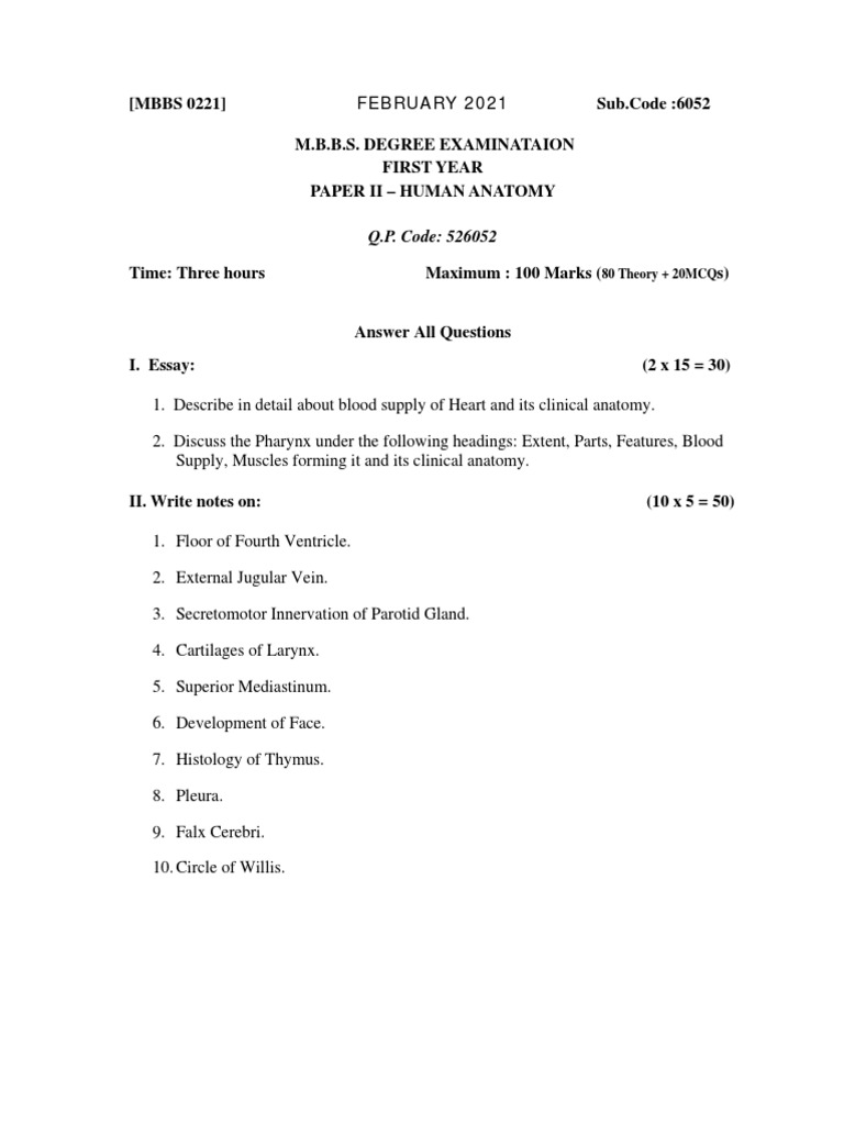 (MBBS 0221) February 2021 Sub - Code:6052 M.B.B.S. Degree Examinataion ...