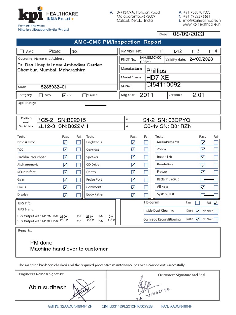 Phillips Hd7 Xe CI54110092: AMC-CMC PM/Inspection Report | PDF
