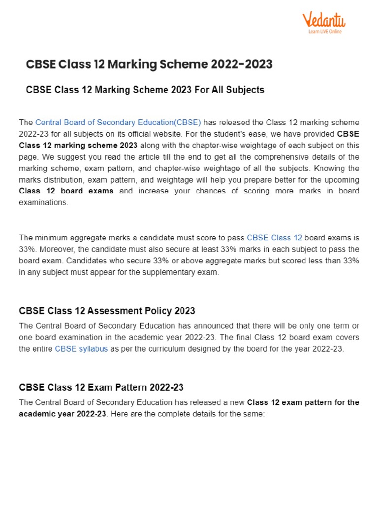 CBSE Class 12 Marking Scheme 2022-2023 | PDF