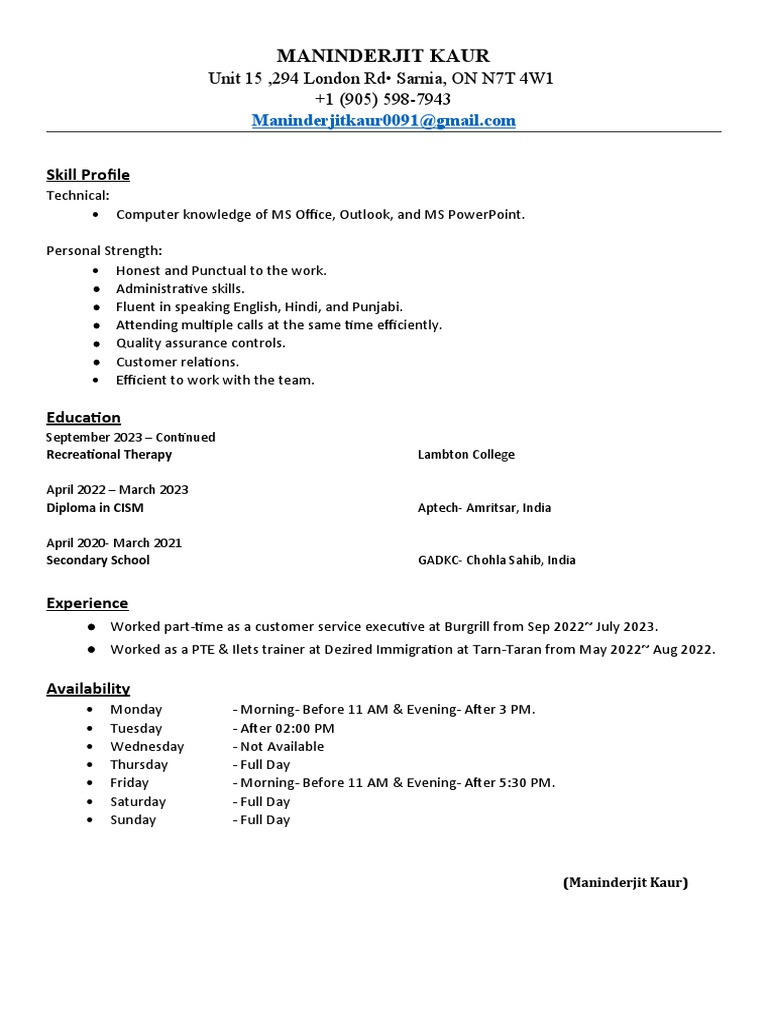 Maninderjit Kaur Resume - Part Time | PDF