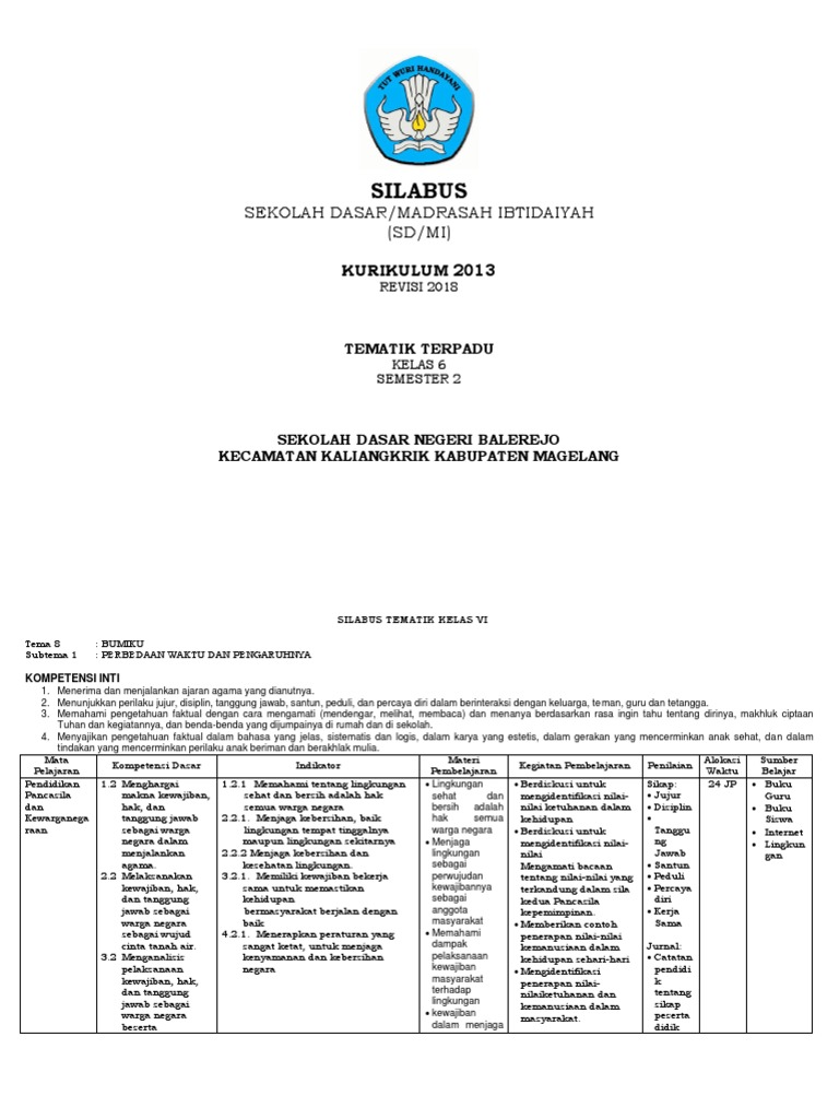 Silabus Kelas 6 Tema 8 | PDF