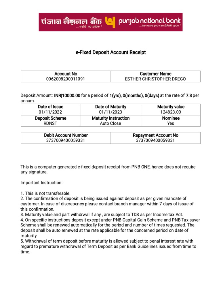 E-Fixed Deposit Account Receipt | PDF